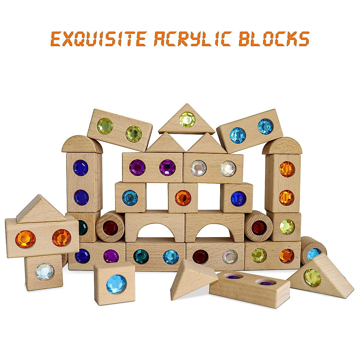 Wooden Building Blocks with 50 Pcs Rainbow Stacker Sensory Blocks Stacking Game Construction Building Toys Set Preschool Construction Color Block Learning Educational Toys for 3-5 Toddlers Boys Girls