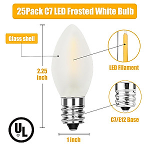 SUNSGNE C7 LED Christmas Night Light Bulbs, 0.6 Watt LED Frosted Replacement Bulbs fits E12 Candelabra Base Socket, Small Light Bulb for Indoor Outdoor Decor, Frosted White, 25 Pack