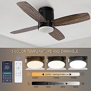 Ohniyou Ceiling Fan with Lights - 38'' Small Flush Mount Ceiling Fans Remote & APP Control - Dimmable Indoor Outdoor Quiet DC Low Profile Ceiling Fan for Patio Kitchen Bedroom(Black)