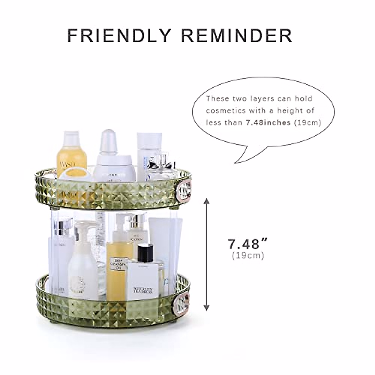 ROWNYEON Rotating Makeup Organizer 2 Tier Skincare Organizers with Handle Bathroom Organizer Perfume Organizer Spinning Cosmetics Organizer for Vanity，Cabinets, Pantry, Fridge, Countertops，Kitchen