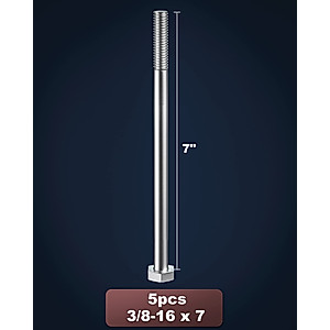 3/8-16 x 7" (5/8 to 7" Optional) Hex Head Screw Bolt, Stainless Steel 18-8(304), Partially Threaded,5pcs