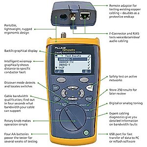 Fluke Networks CIQ-100 Copper Qualification Tester, Qualifies and Troubleshoots Category 5-6A Cabling for 10/100/Gig Ethernet, Coax and Voip, Blue
