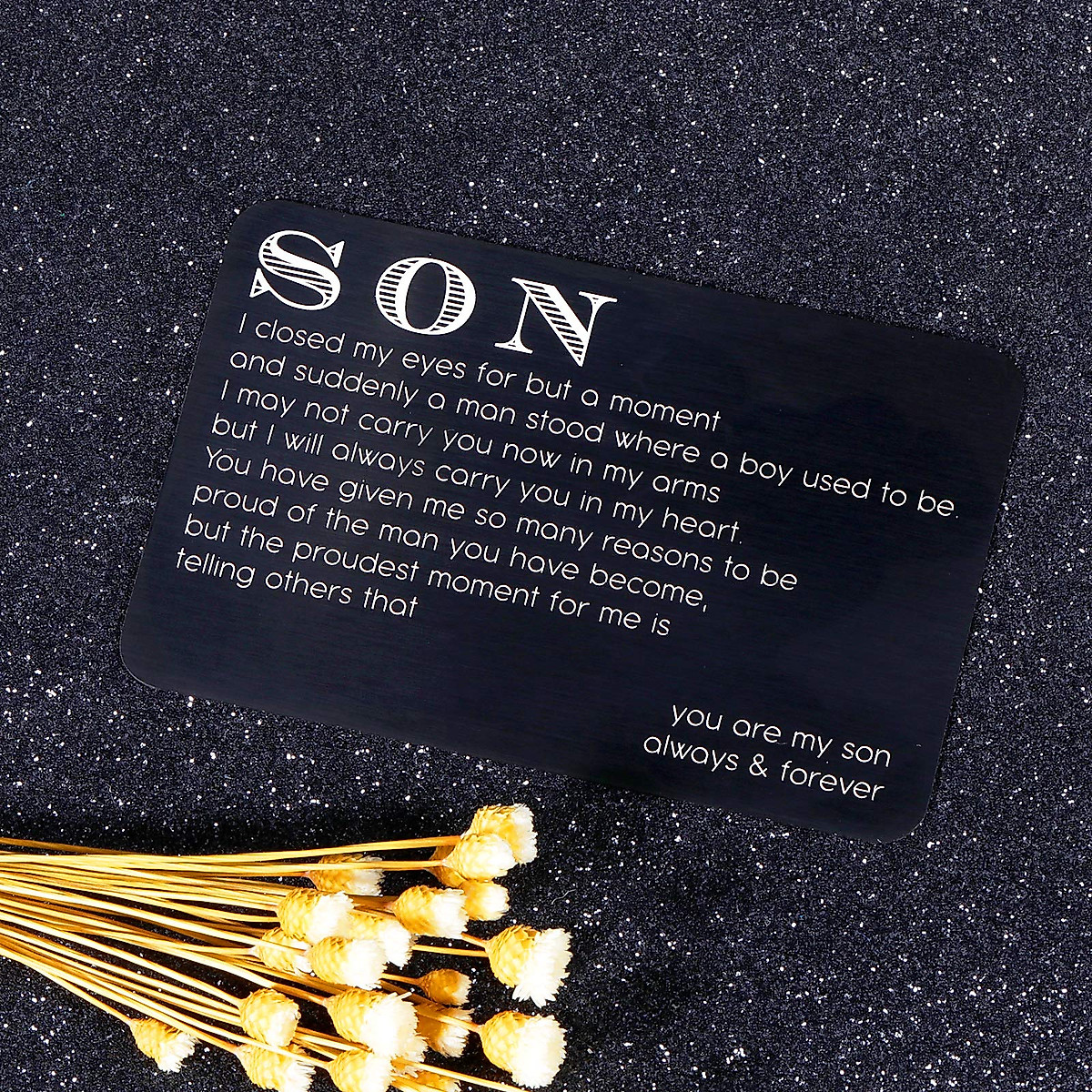 Son Gifts from Mom Dad Wallet Insert Card Birthday Graduation Inspirational Gift for Him Men Valentine Christmas Wedding Fathers Day Gift for Son Stepson Back to School Teen Boys 16 18 Adult Present