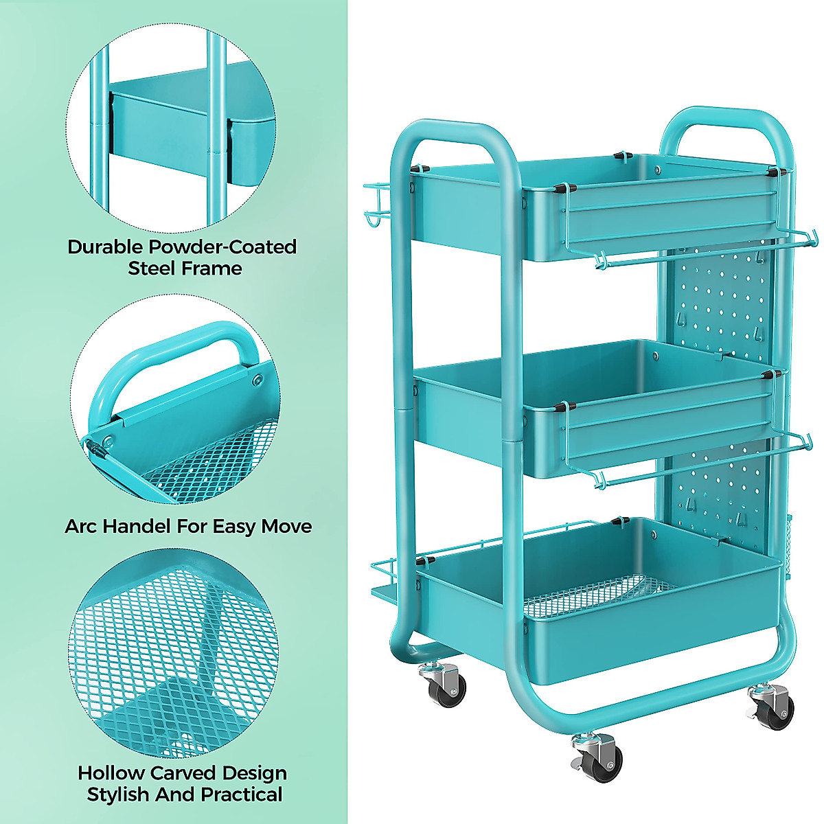 DESIGNA Heavy Duty 3-Tier Metal Rolling Cart,Utility Storage Cart With DIY Pegboard,Craft Art Carts Trolley Organizer with Handle and Extra Office Storage Accessories for Kitchen Office Home,Turquoise