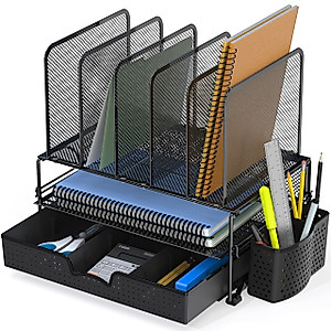SimpleHouseware Mesh Desk Organizer with Sliding Drawer, Double Tray and 5 Upright Sections, Black