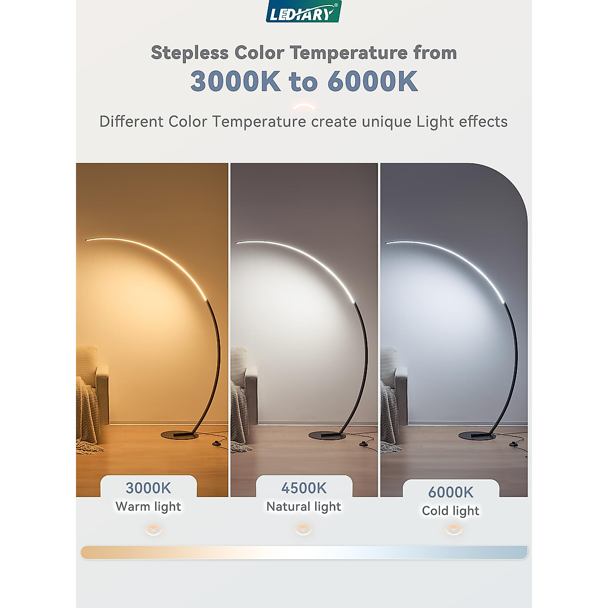 LEDIARY Arc Floor Lamp, 65" Modern Floor Lamp with Remote Control, Dimmable Standing Lamp, Black LED Reading Lamp for Living Room Bedroom Office Home, Stepless Color Temperature