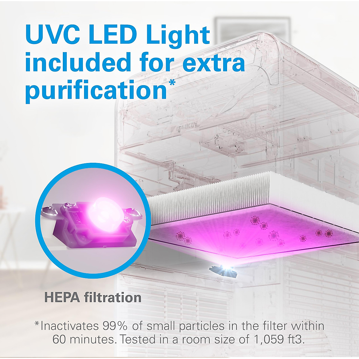 DAIKIN Room Air Purifier, HEPA Air Purifier, Air Purifier with HEPA Filter, Activated Carbon Filter, Pre-Filter and UVC LED Light, Zero Ozone Product, CARB Certified, 10.5 x 10.5 x 19.5 in (MCB50YSAU)