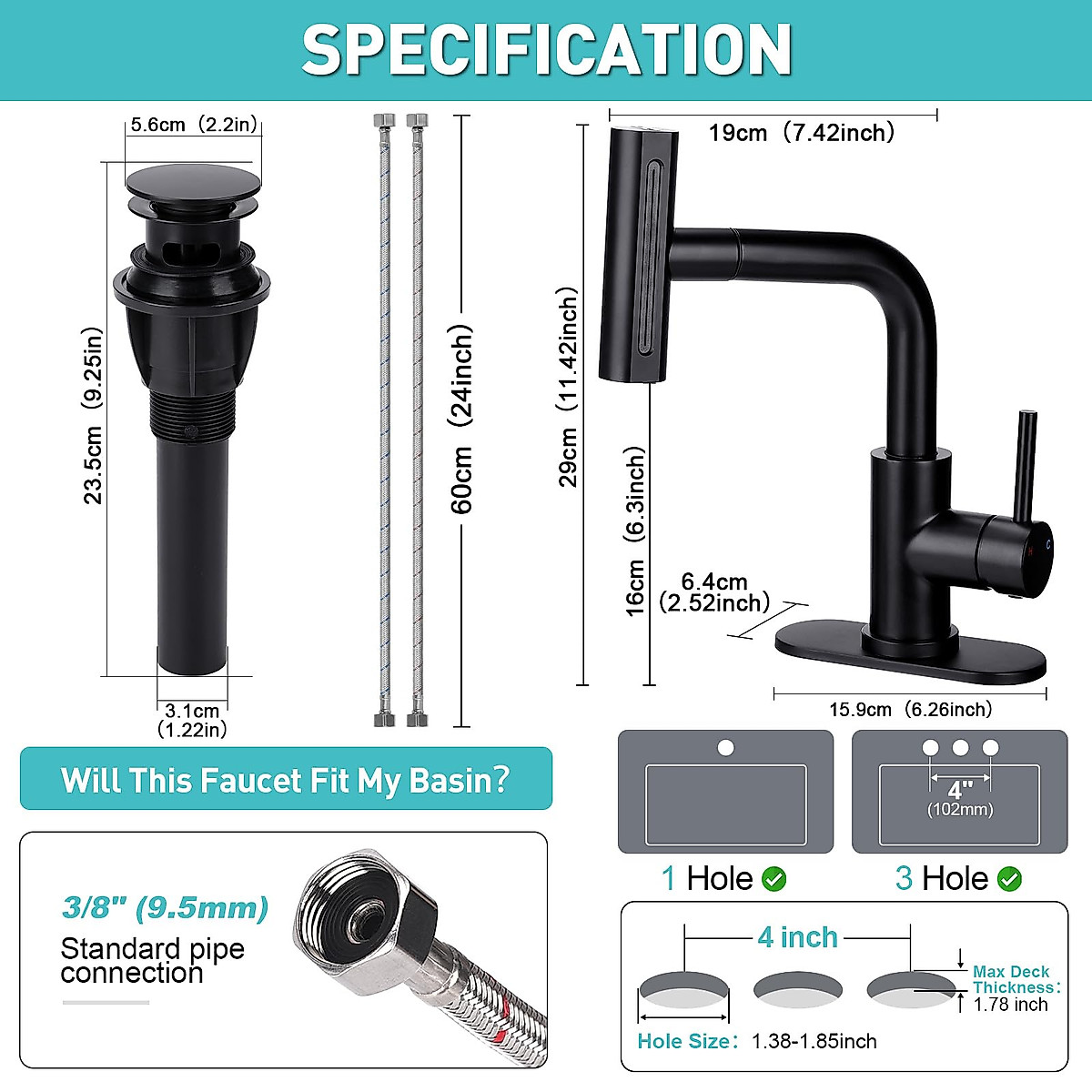 Bathroom Faucet 4 in 1, Faucet for Bathroom with Pull Down Sprayer, Matte Black Bathroom Sink Faucet for 1 or 3 Holes