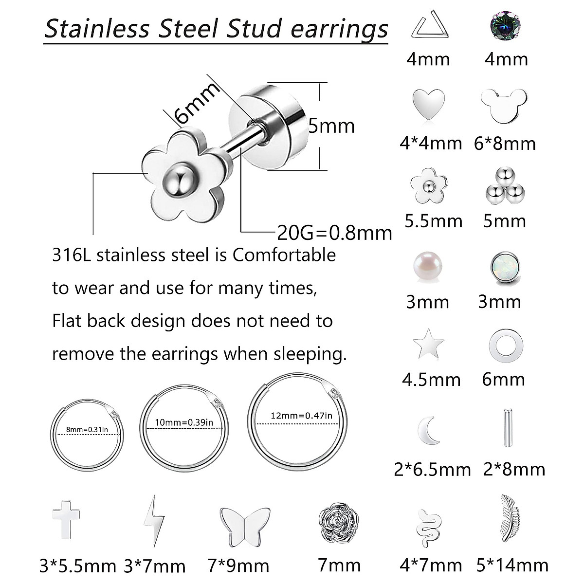 Staligue 21 Pairs Stainless Steel Earrings Set for Women Men Hypoallergenic 20G Flat Back Studs Earrings and Hoop Earrings Set Star Moon flower Snake Leaf Cartilage Piercing Earrings Jewelry Gifts