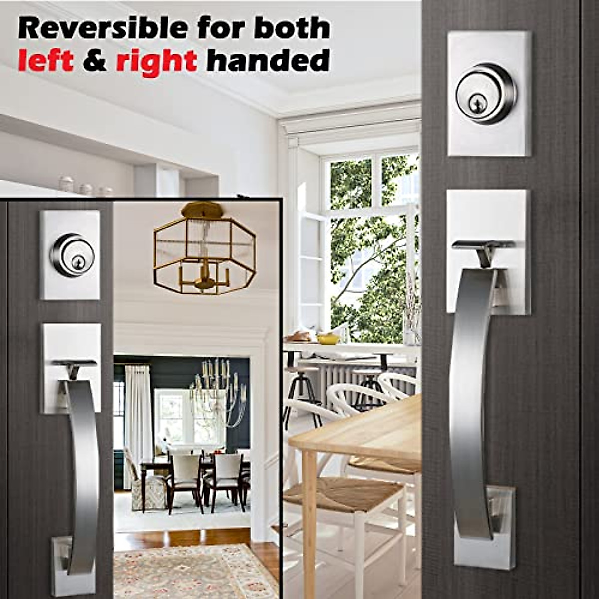 NEWBANG Silver Double Doors Handle Lock Set for Front & Entry Door - Satin Nickel Finish,MDHST2017SN-SET-BR