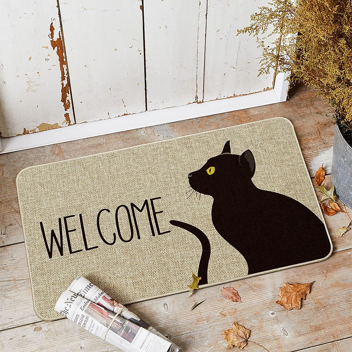 Artoid Mode Black Cat Welcome Decorative Doormat, Pet Halloween Floor Mat Switch Mat for Indoor Outdoor 17 x 29 Inch