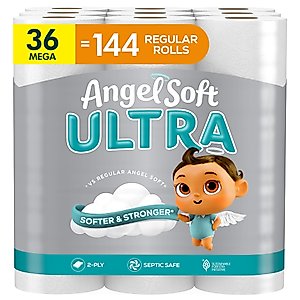 Angel Soft Ultra Toilet Paper, 36 Mega Rolls = 144 Regular Rolls, 2 Ply Toilet Tissue