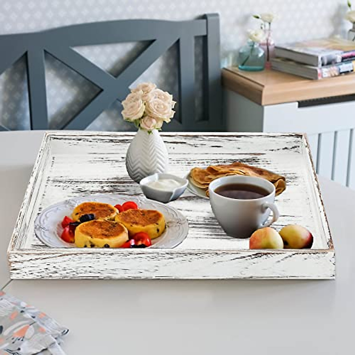 16 x 11 Inches Solid Wood Serving Tray with Handles,Classic Tea Coffee Table Tray Breakfast Tray Wooden Decorative Ottoman Tray Serve for Snack Food Meals Kitchen Party Bar White Rectangle