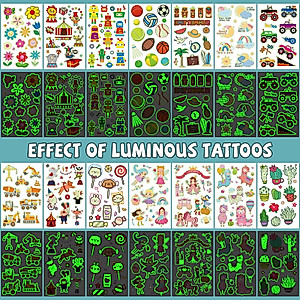 EMOME 600+ Mix Styles Glow Kids Tattoos for Party Supplies,Luminous Temporary Tattoos Stickers for Girls Boys,Fake Tattoos Kids Birthday Party Favors (56 Sheets)