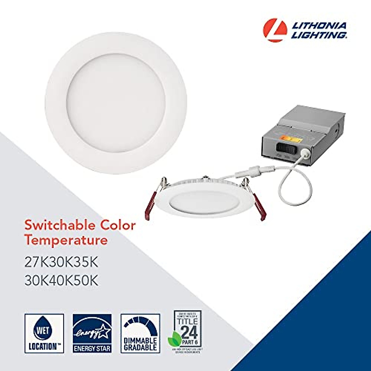 Lithonia Lighting WF6 30K40K50K 90CRI MW M6 LED color Temperature Selectable Ultra Thin Recessed Downlight, 3000K | 4000K | 5000K, White, 6 inch