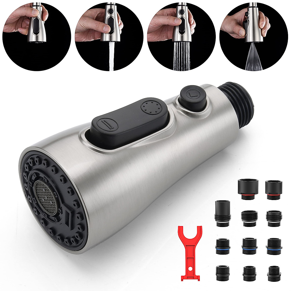 Pull Down Faucet Spray Head with 11 Adapters - 4 Functions Kitchen Faucet Head Replacement, Upgraded Kitchen Sink Faucet Sprayer Head Part, Pull Out Tap Nozzle Replacement, Brushed Nickel