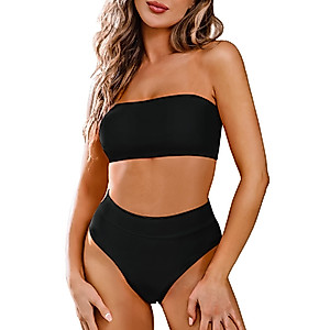 Pink Queen Plus Size 2 Piece Bikini Set for Women Strapless Sexy Cheeky High Waisted Swimsuit Bathing Suit Black 2XL
