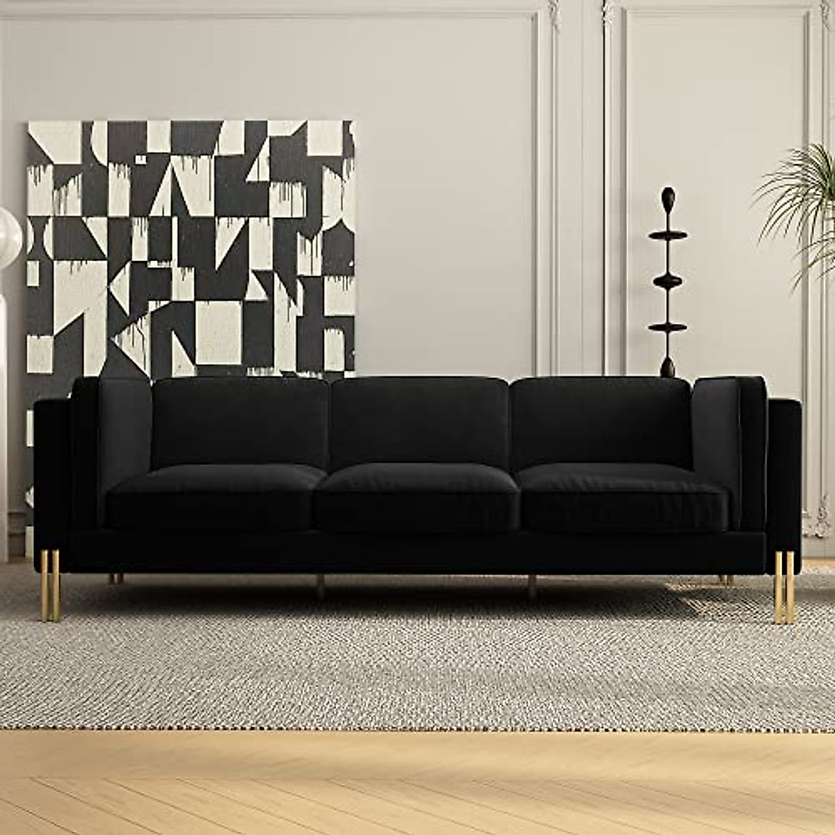 Gooamz Modern Velvet Sofa Couch, 95 Inch Chesterfield Sofa with Removable Cushions and Gold Metal Legs, Large Comfy Tufted Upholstered 3 Seater Couch for Living Room, Office, Hotel, Black