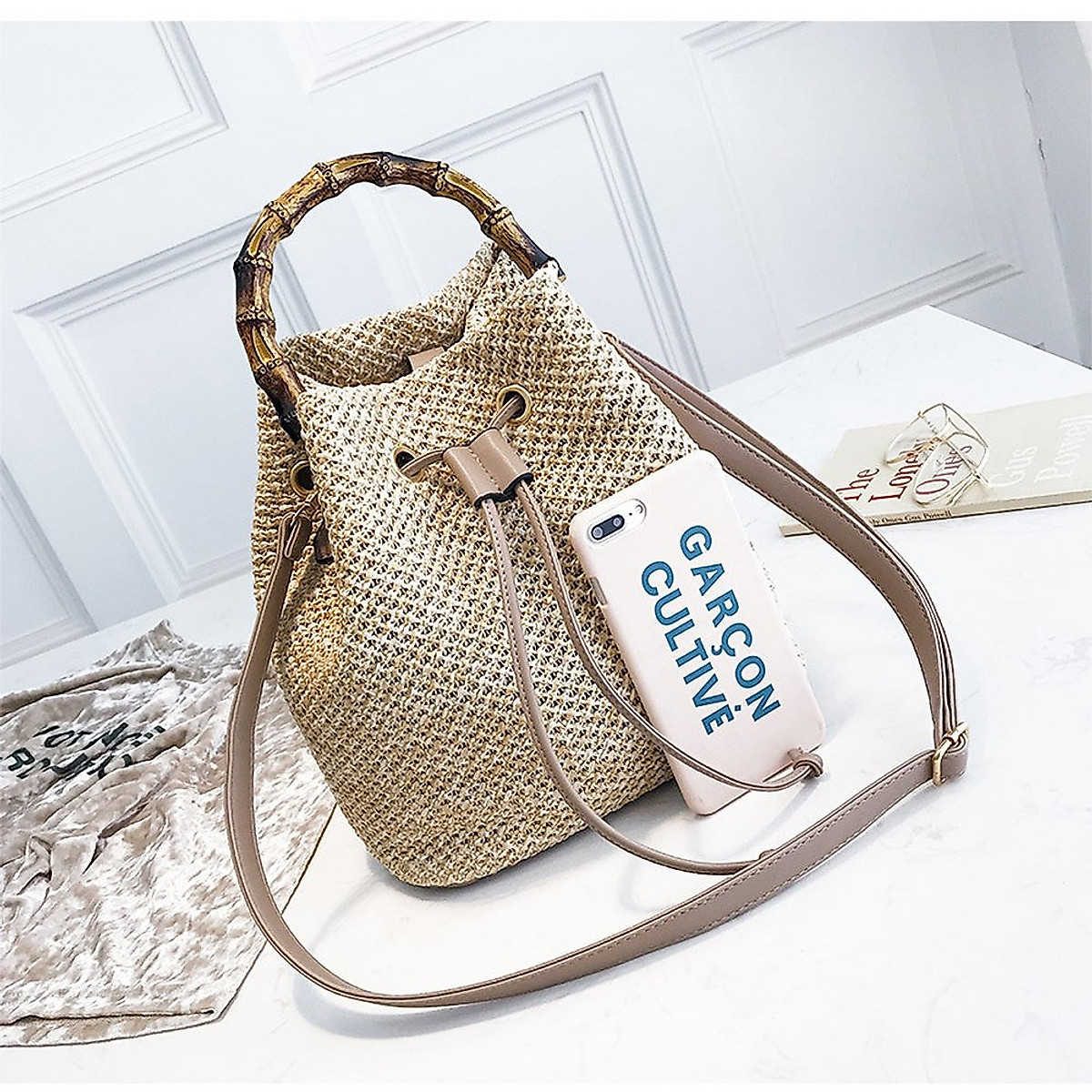 QZUnique Straw Bucket Bags for Women Top Handle Drawstring Woven Handbag Shoulder Bag Summer Beach Purses with Bamboo Handle
