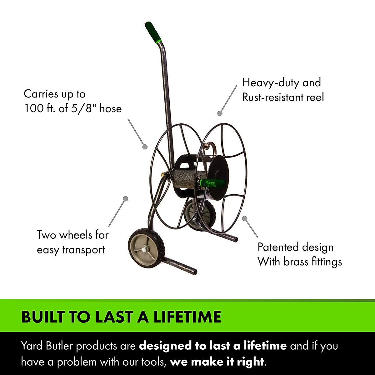 Yard Butler Compact Hose Reel Cart with Wheels Heavy Duty 100 Foot Metal Hose Reel Suitable for Gardens, Lawns, and Outdoor - IHTC-1
