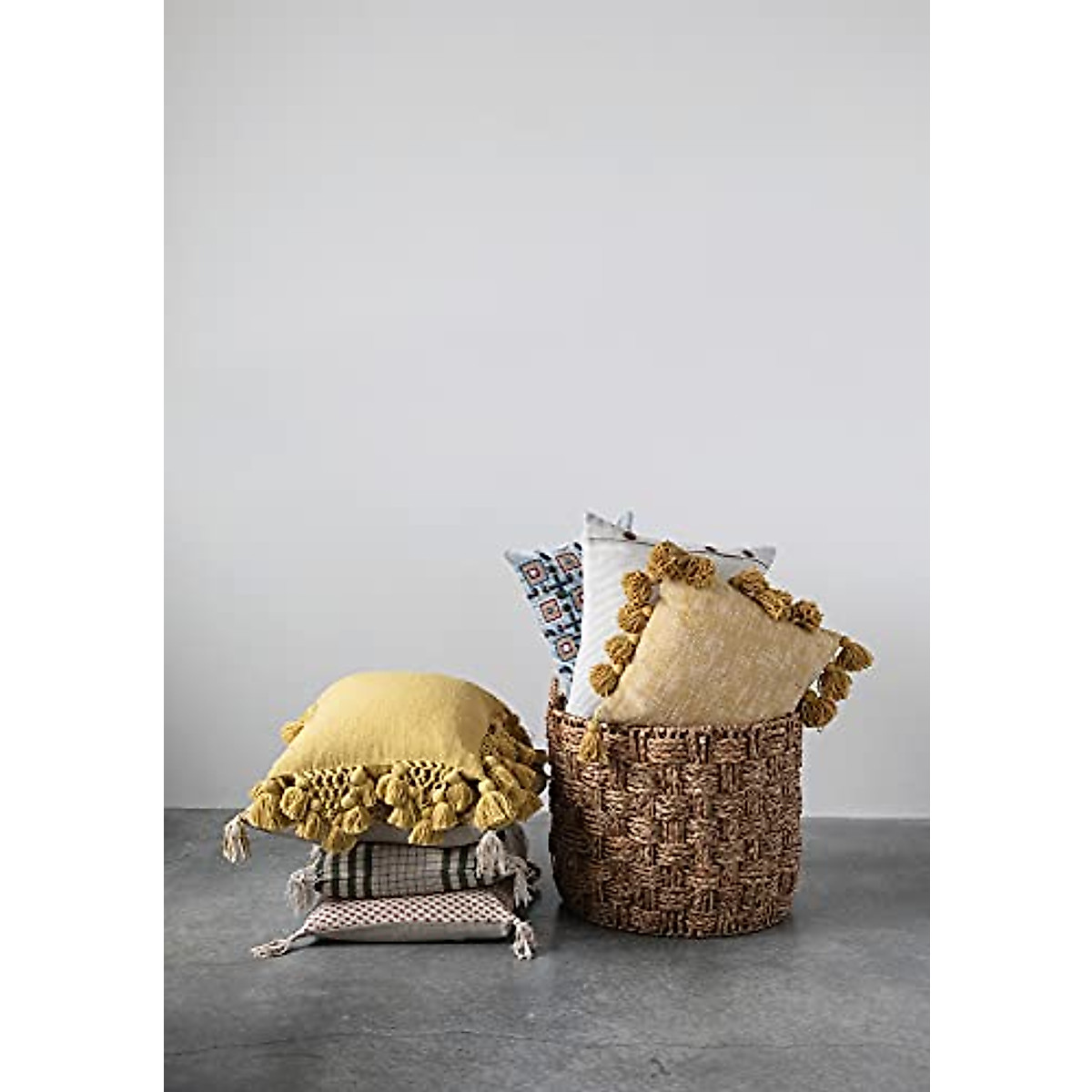 Creative Co-Op Square Block Print Chambray Back & Frayed Tassels Pillow, Cream & Rust