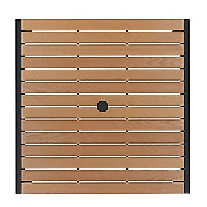 Flash Furniture 5 Piece Outdoor Dining Table Set - Synthetic Teak Poly Slats - 35" Square Steel Framed Table with Umbrella Holder Hole - 4 Stackable Club Chairs