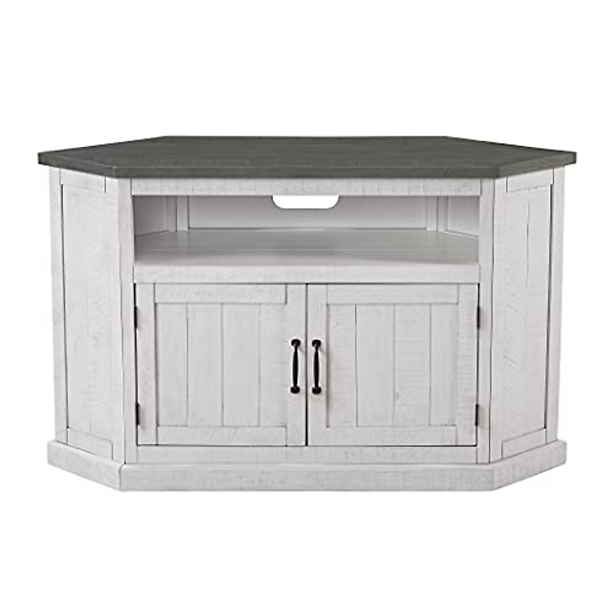 Martin Svensson Home Rustic Solid Wood Corner TV Stand, White Stain with Grey Stain Top