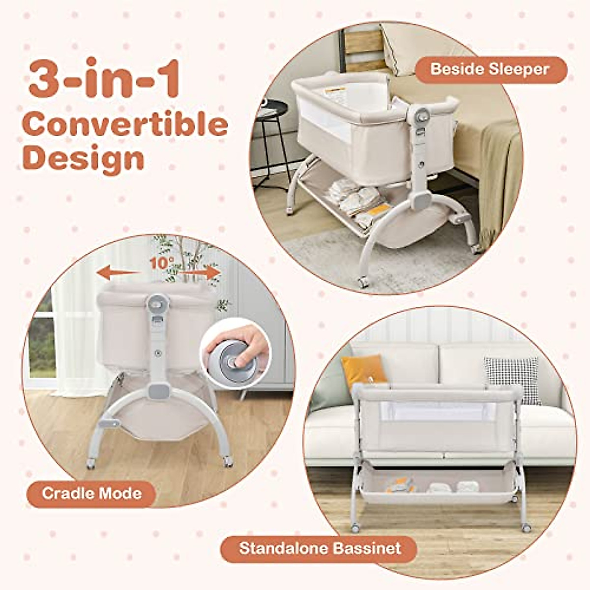 BABY JOY Baby Bassinet, 3-in-1 Rocking Bassinet w/Storage Basket, Double-Lock Design, 7 Adjustable Heights, Soft Mattress & Portable Travel Bag, Bassinet Bedside Sleeper for Newborns Infants (Beige)