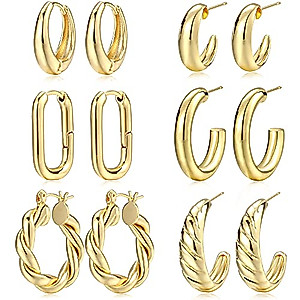 Gold Hoop Earrings Set for Women, 6 Pairs 14K Gold Plated Lightweight Hypoallergenic Chunky Open Hoops Jewelry for Gift