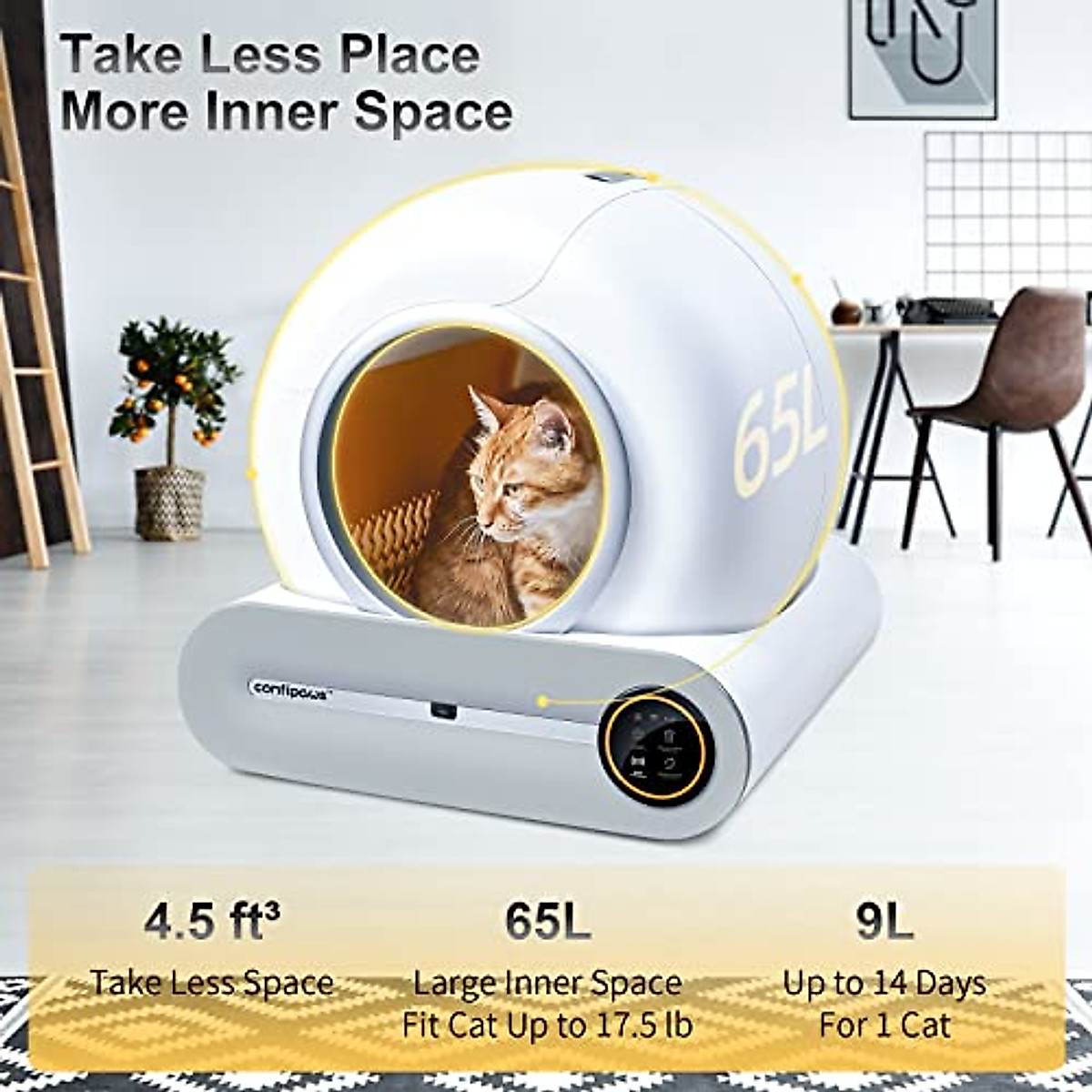 Comfipaws Automatic Cat Litter Box Self Cleaning Robot Cat Litter Box for Multiple Cats, Auto Clean Cat Litter Box with APP Control & Ionic Deodorizer, 65L+9L Smart Cat Toilet with Mat, Liner, Brush