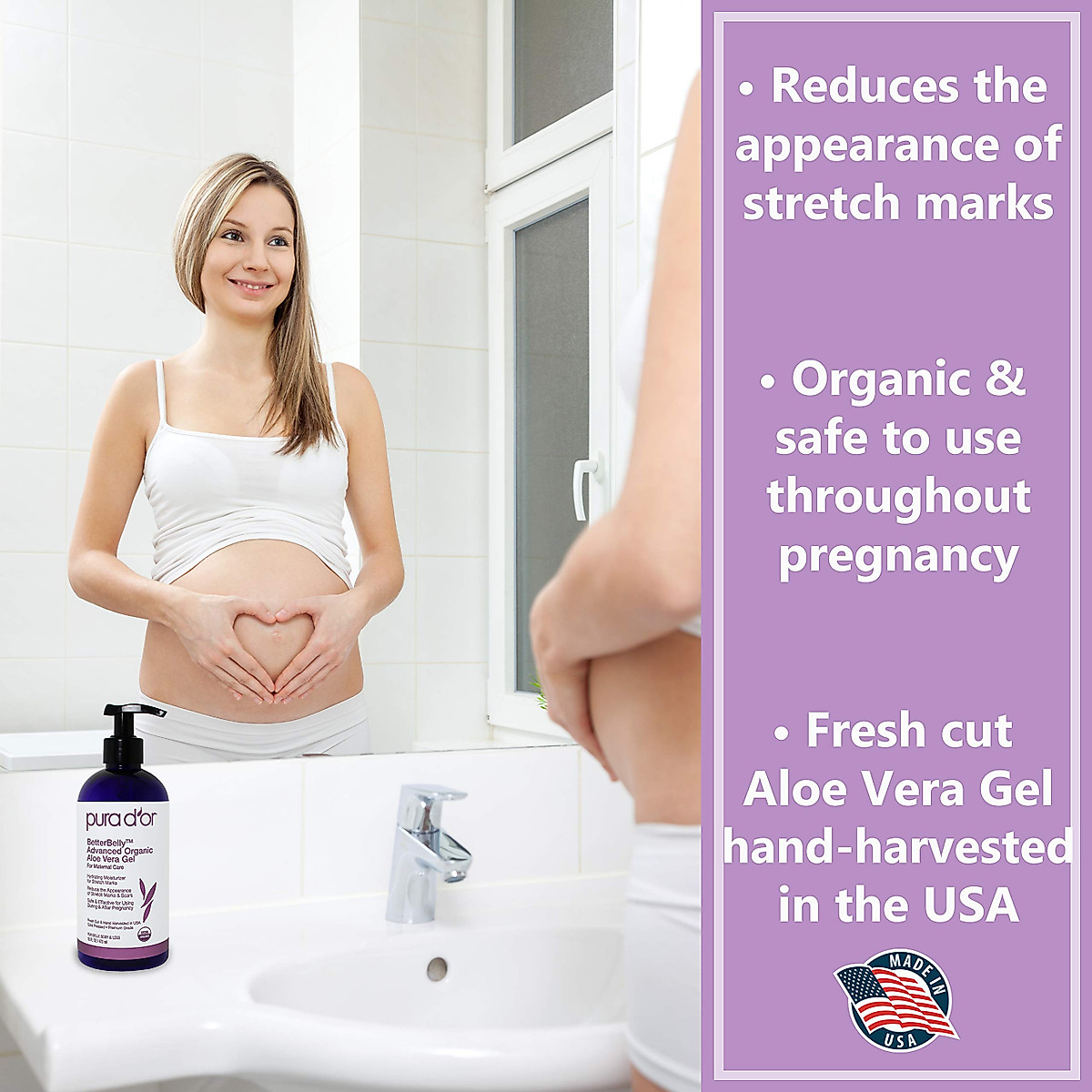 PURA D'OR BetterBelly Advanced Organic Aloe Vera Gel (16 fl oz / 473 mL) For Maternal Care - Hydrating Moisturizer, Reduces Appearance of Scars & Stretch Marks - For Belly, Body, and Legs