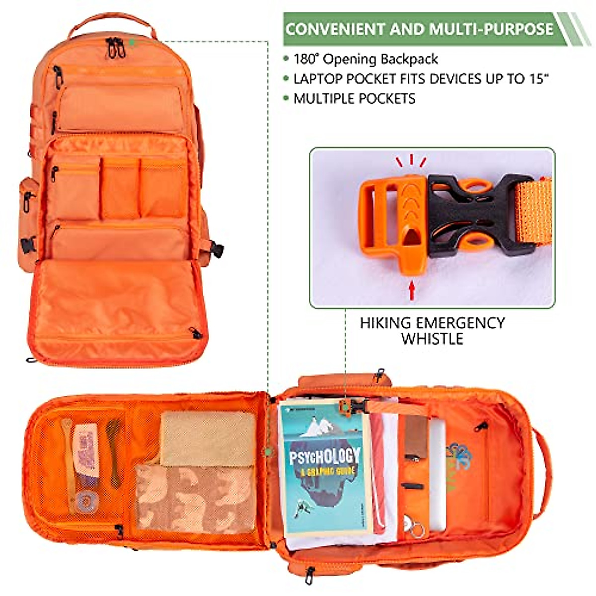 JANA Travel Backpack for College,Hiking, Camping – Bookbag Laptop Backpack for Men and Women - College Daypack Water Resistant Bag with Water Sleeve -Orange