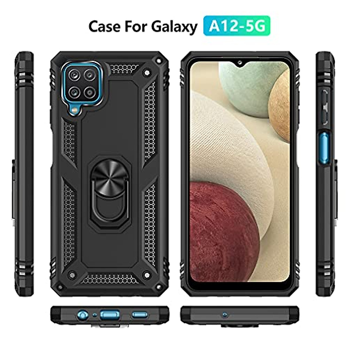 YZOK for Galaxy A12 Case, Samsung A12 Case, with HD Screen Protector,[Military Grade] Ring Car Mount Kickstand Hybrid Hard PC Soft TPU Shockproof Protective Case for Samsung Galaxy A12 (Black)