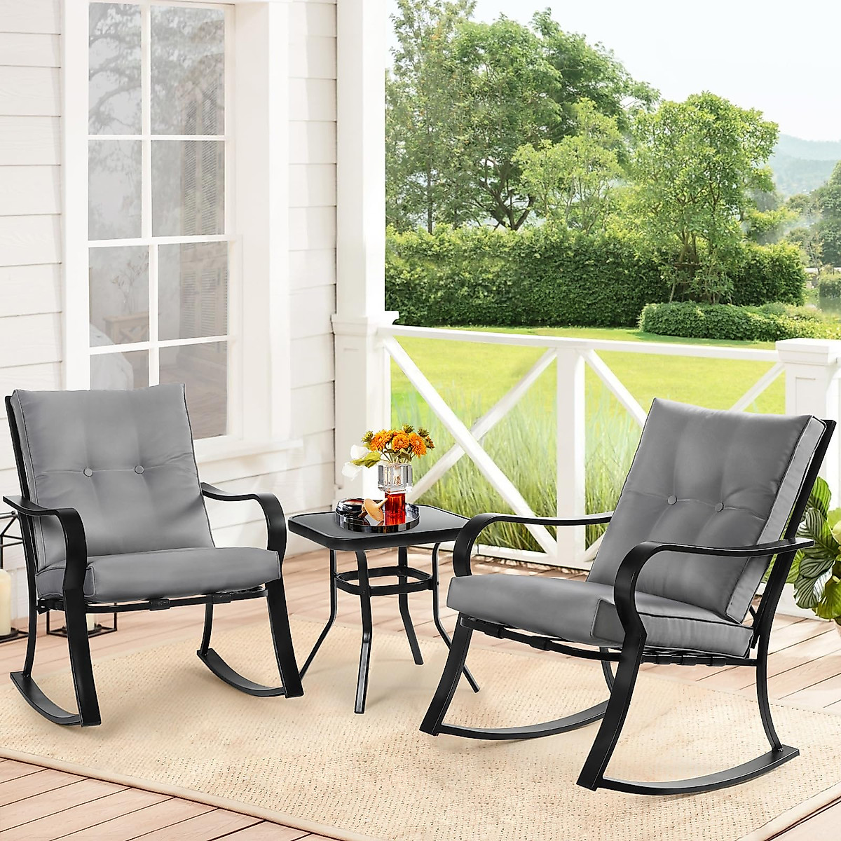 SOLAURA 3-Piece Outdoor Rocking Chairs Bistro Set, Black Iron Patio Furniture with Gray Thickened Cushion & Glass-Top Coffee Table