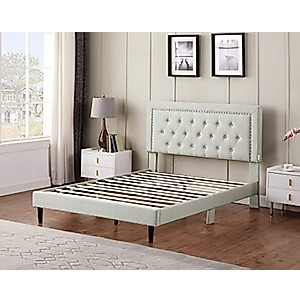 Full Upholstered Platform Bed Frame with 48" Tall Adjustable Headboard - Button Tufted Linen Velour Bed - Wood Slat Support with Storage Space - No Box Spring Needed - Beige - Oliver & Smith - Berlin