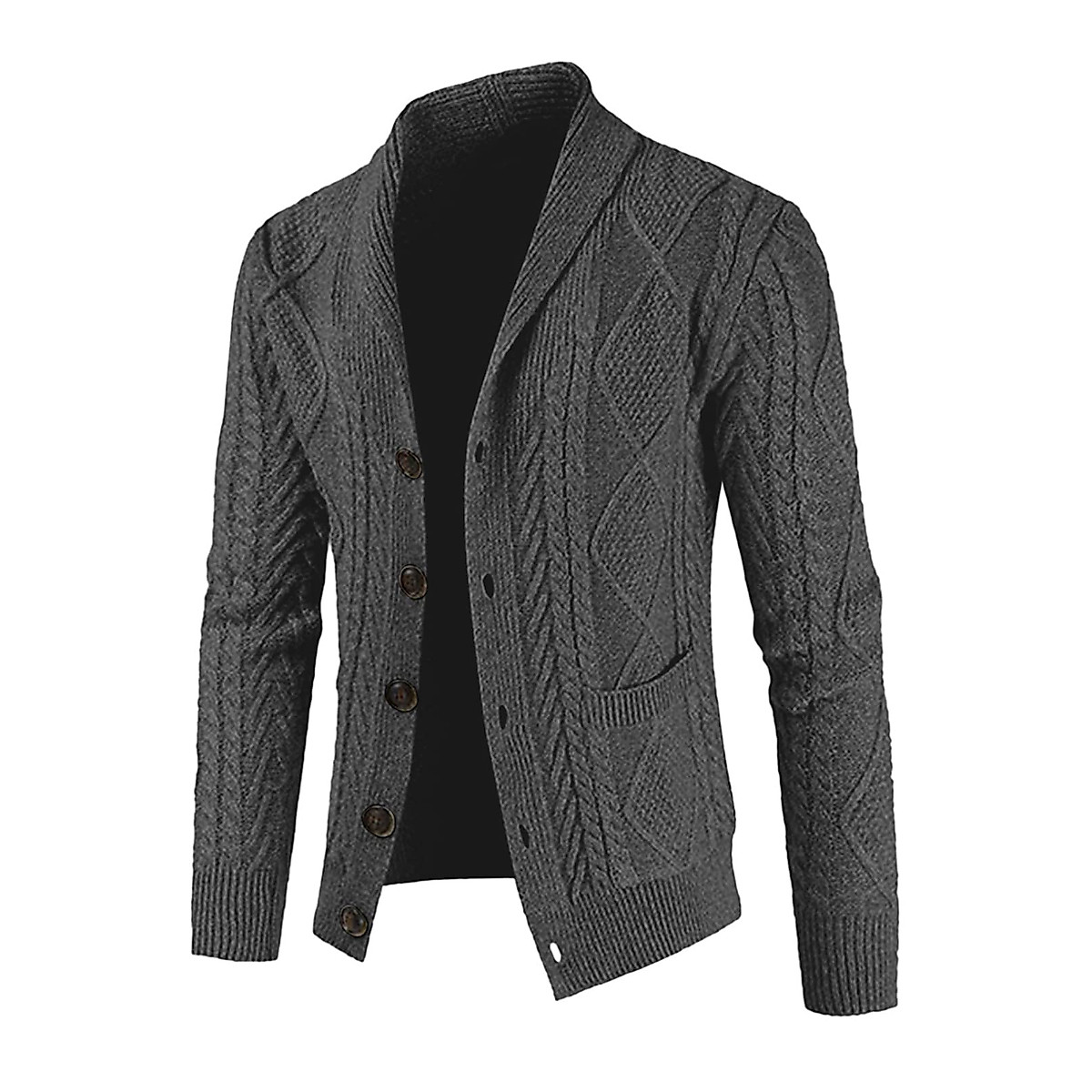 JMIERR Mens Cardigan Sweater Fall Casual Long Sleeve Shawl Collar Button-Up Cable Knit Sweaters with Pockets for Men,US 40(M),Dark Grey