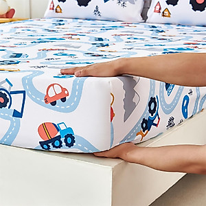 RYNGHIPY Kids Twin Bed Sheets: Cars Print Sheets Set for Boys - Breathable Wrinkle Free Microfiber Flat Sheet Fitted Sheet and Pillowcase (White,Twin)