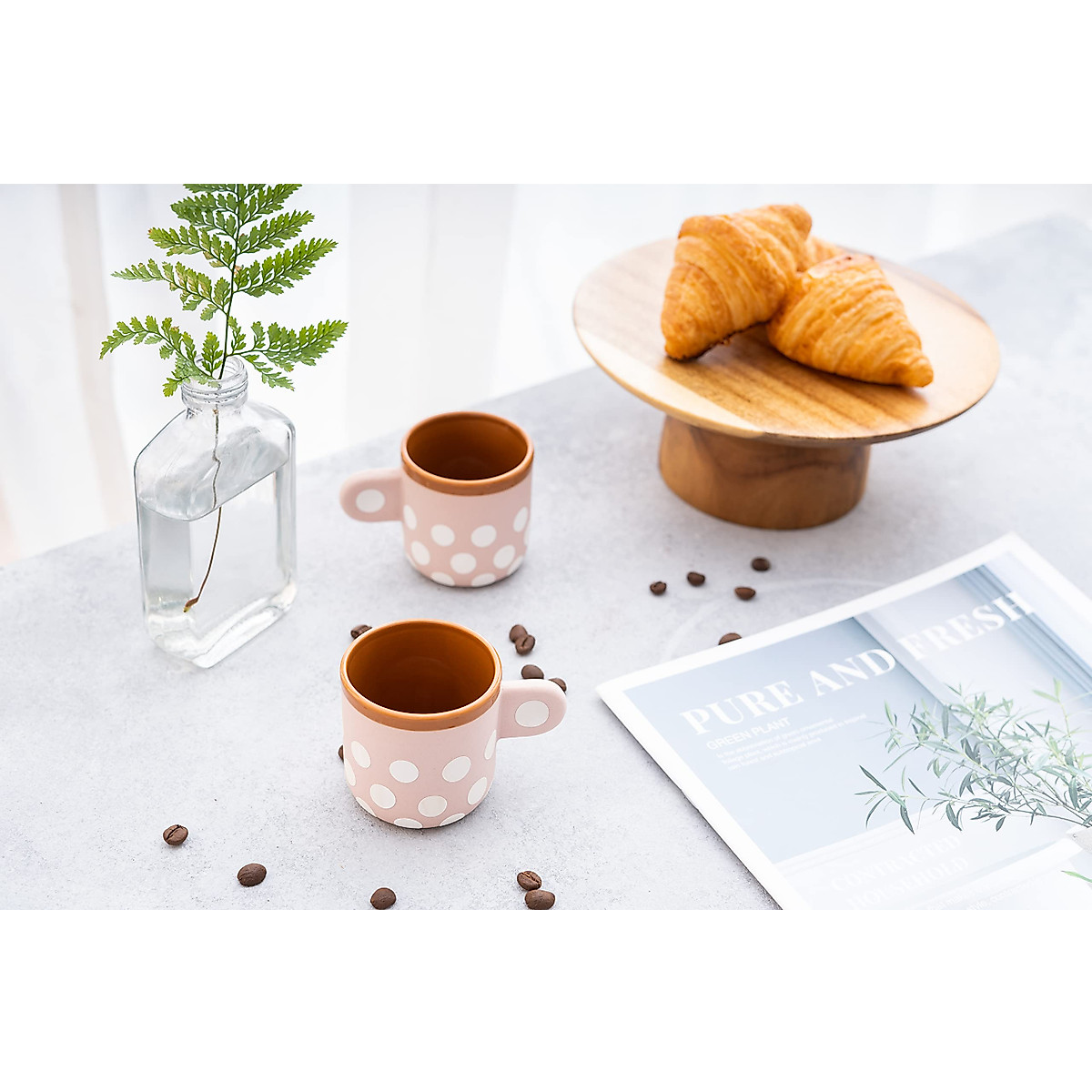 KAKI Espresso Cups Set of 2-3 Ounce, Clay Espresso Cups Pink with White Polka Dot, Handmade Expresso Coffee Cup for Coffee Lovers, Gifts for Mom, Dad or Friends (Pack 2)