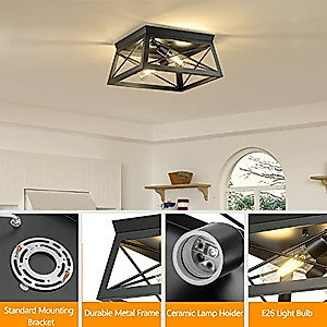 Pynsseu Industrial Ceiling Light, 2 Lights Farmhouse Semi Flush Mount Ceiling Fixture for Kitchen Island Dining Room Bedroom Foyer Hallway, 1 Pack, Black