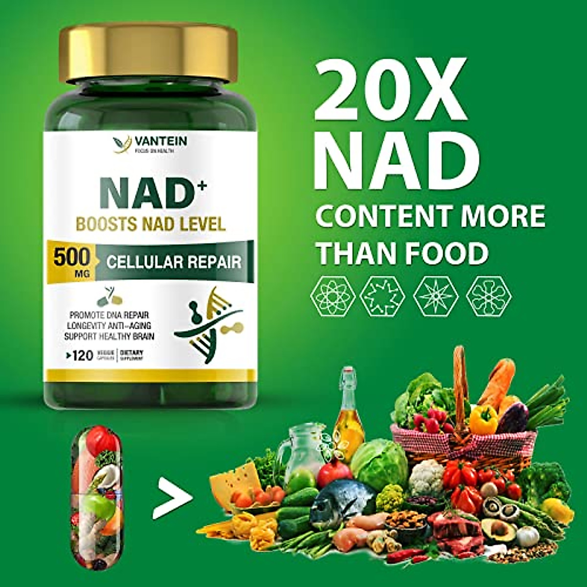 vantein NAD Supplement 500MG, Supports Skin Health, Healthy Aging, Boost NAD Levels, Muscle Health, Promotes Immune