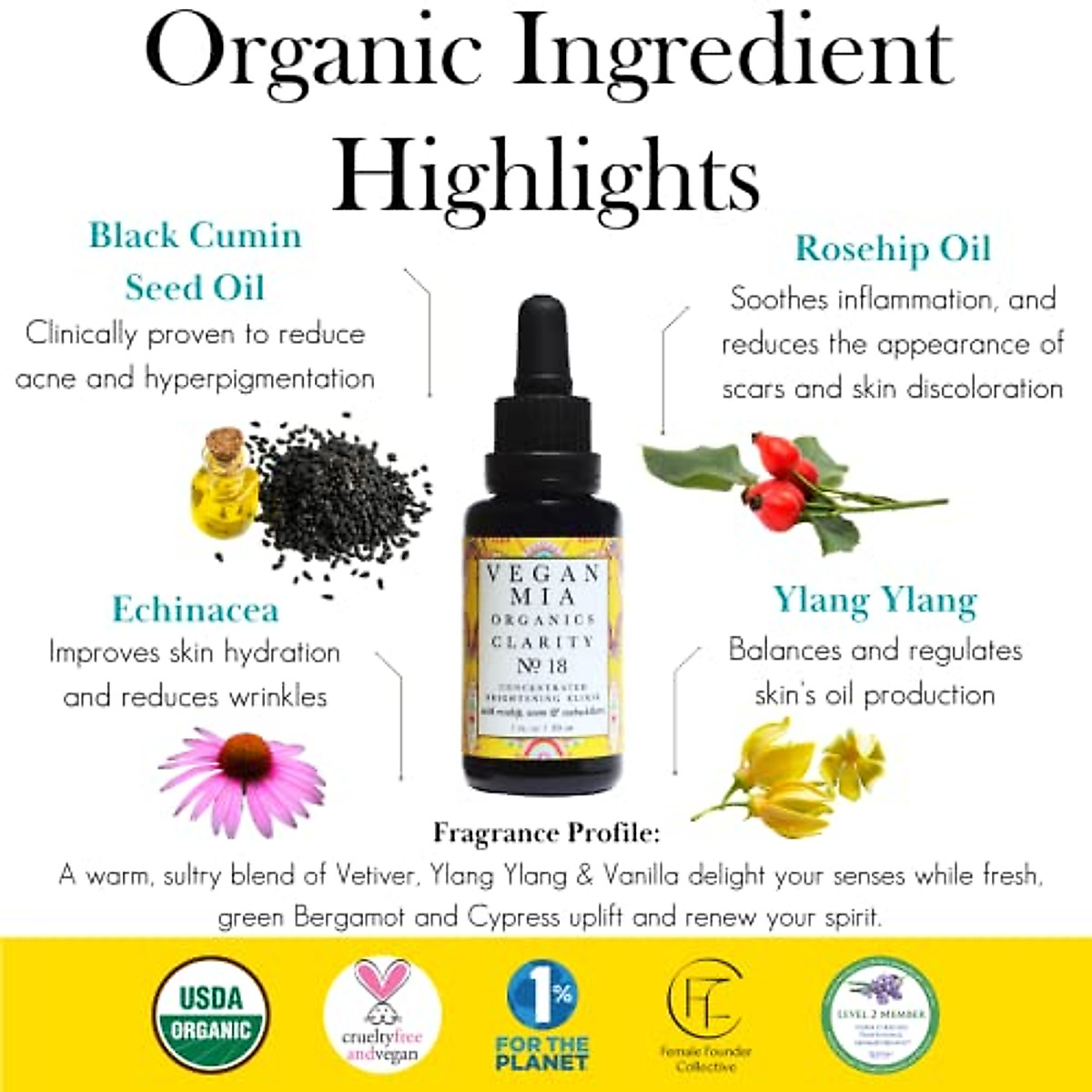 Vegan - USDA Organic Clarity Brightening & Balancing Concentrated Face Oil Serum - with Black Seed Oil, Jojoba Oil, Green Tea, Neem, Maracuja, Rosehip Seed Oil and More Facial Oils - Reveal Visibly Clearer, Smoother, More Radiant Skin Naturally, 0.5 fl oz