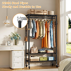 TONNSO T03-P Rolling Garment Rack Heavy Duty Clothes Rack for Hanging Clothes, Portable Closet Wardrobe with Wheels and Side Hooks, Adjustable Freestanding Metal Clothing Rack with Shelves, Black