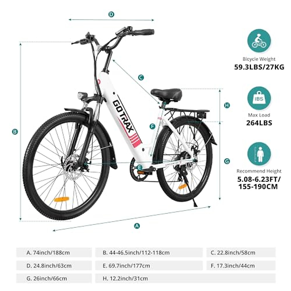 Gotrax Endura 26" Electric Bike with 28 Miles (Pedal-assist1) by 36V Battery, 15.5Mph Power by 250W, 3 Pedal-Assist Levels & Adjustable Seat, 7-Speed & Front Shock Absorber for Adult Bicycle White