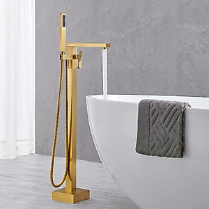 Wowkk Freestanding Bathtub Faucet Tub Filler Brushed Gold Floor Mount Bathroom Faucets Brass Single Handle with Hand Shower