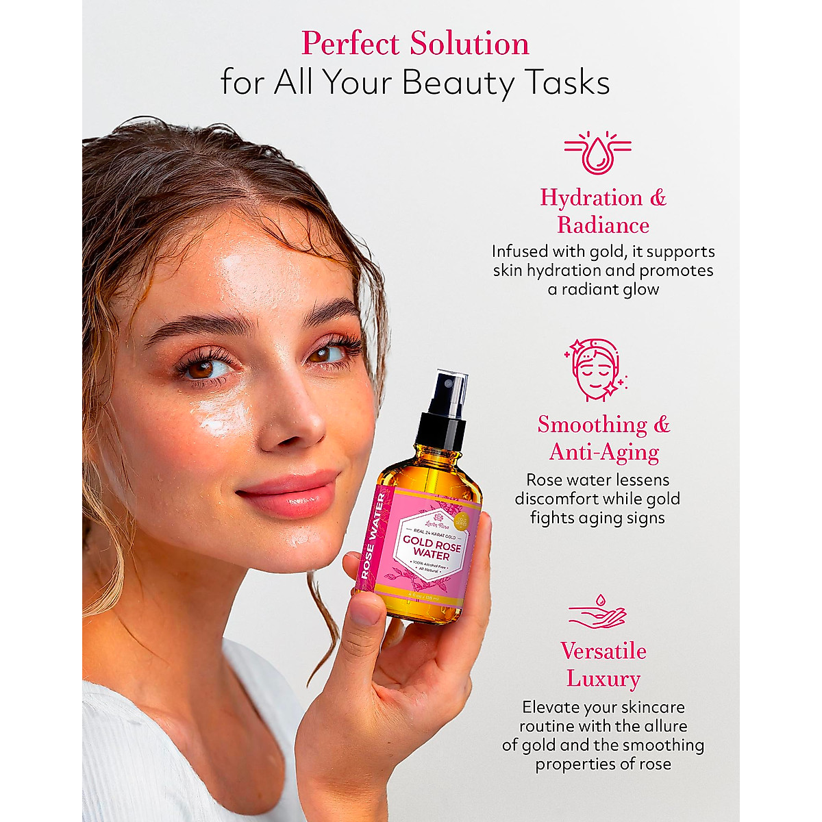 24 Karat Gold Rose Water Toner by Leven Rose Organic Natural Moroccan 24K Rosewater Toner 4 oz