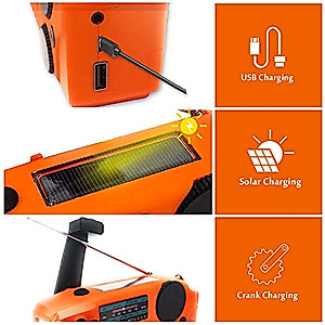 (Upgraded Version) iRonsnow Emergency Solar Hand Crank Radio, Portable NOAA Weather Radio with WB/AM/FM, Headphone Jack, LED Flashlight, 2000mAh Power Bank USB Phone Charger and SOS Alarm (Orange)