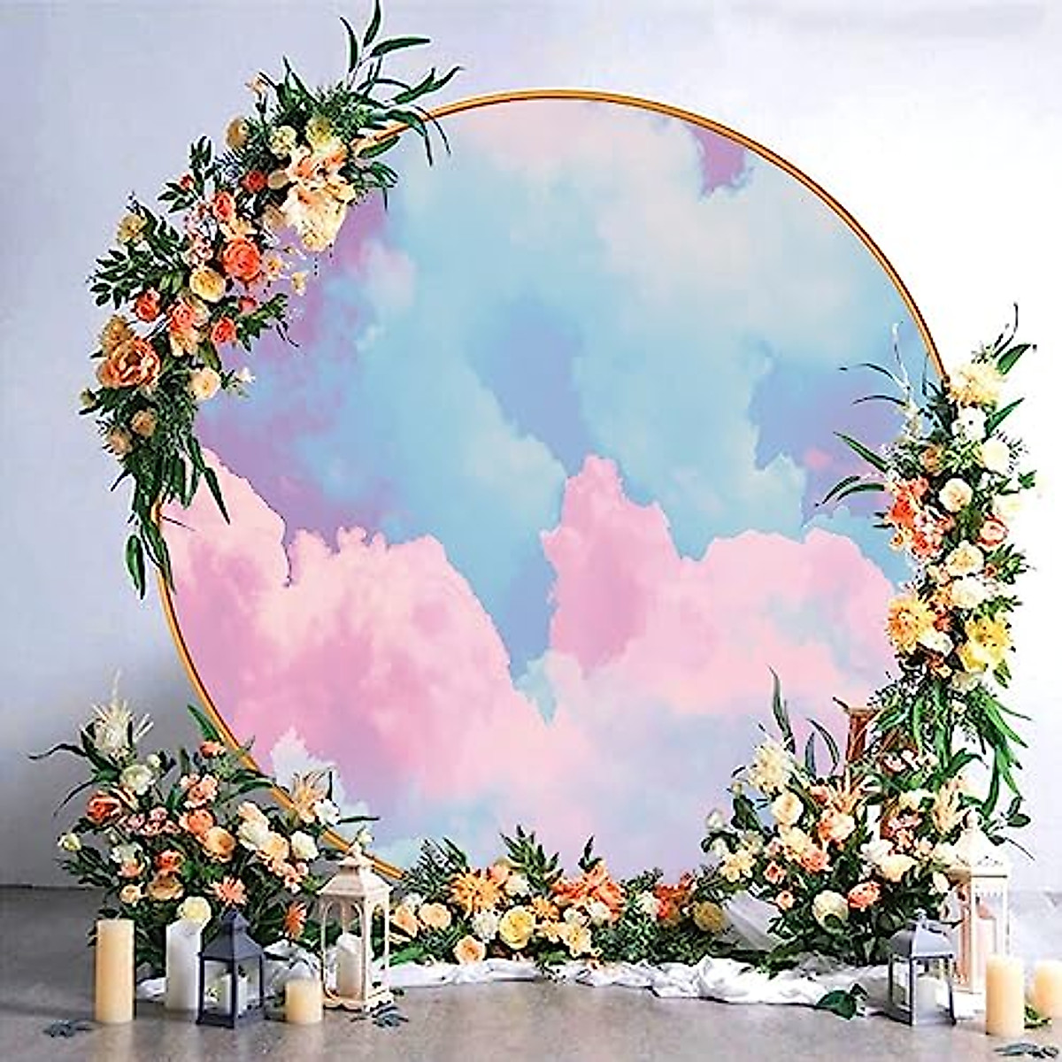 AWERT Polyester Diameter 7ft Colorful Clouds Round Backdrop Pastel Rainbow Pink Clouds Blue Sky Watercolor Background for Photography Anniversary Wedding Baby Shower Birthday Party Photo Studio Props