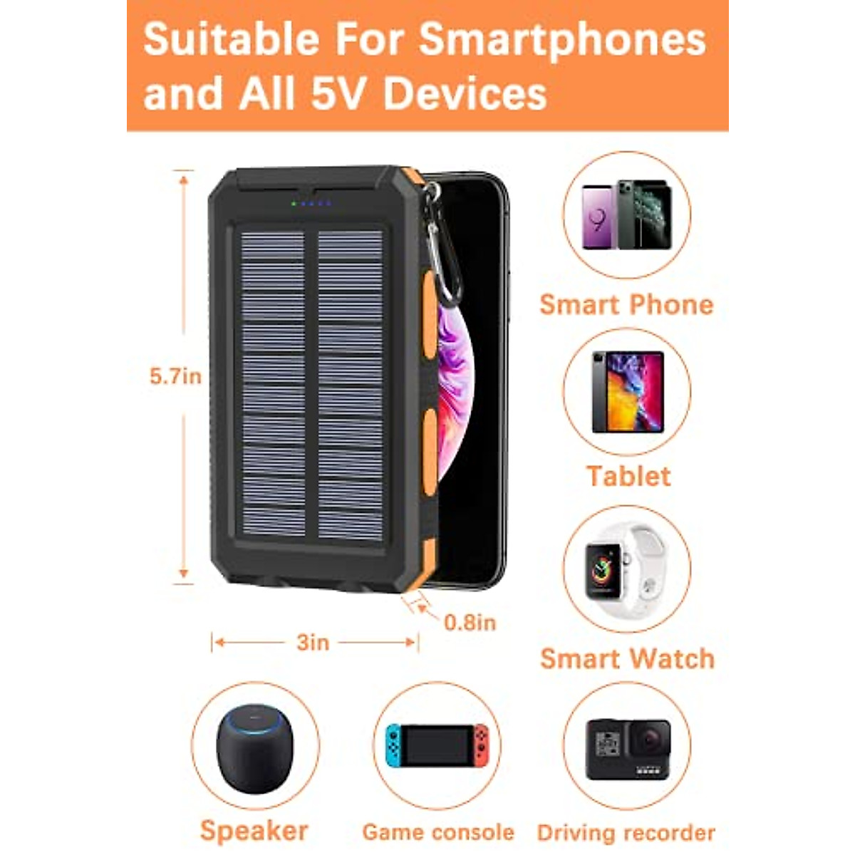 Solar Charger 20000mAh Power Bank Portable Solar Phone Charger, Camping Waterproof External Battery Charger for Cell Phone, 2 USB/LED Flashlight with Compass for Outdoor Activities