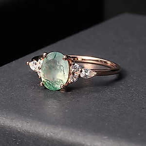 Women Gifts Natural Oval Green Moss Agate Rose Gold Engagement Ring Sterling Silver Women's Gold Rings Moss Agate Jewelry(Size8)