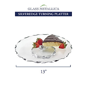 Badash Silveredge Rotating Glass Platter - 13" Hand-Decorated Chiseled Edge Round Lazy Susan Tray for Cake, Pastry, Cookies, Pie - Food-Safe & Great for Entertaining